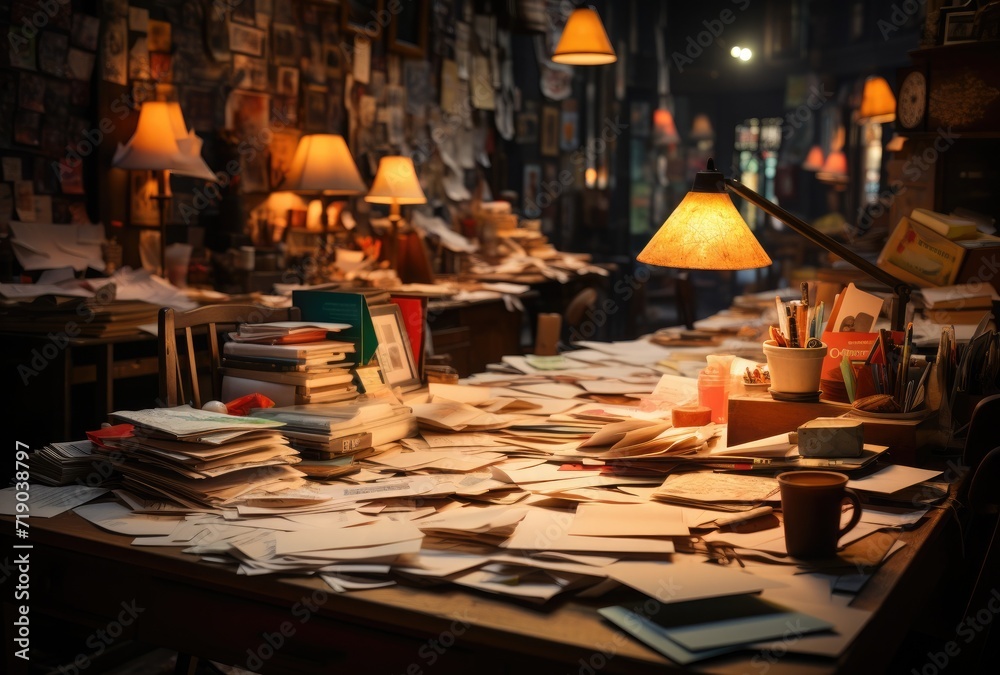 A messy desk filled with papers, creating a chaotic and disorganized ...