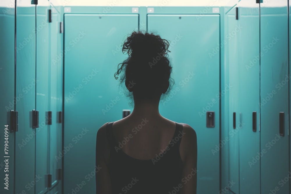 A person standing in front of a locker room door, looking uncertain, to ...