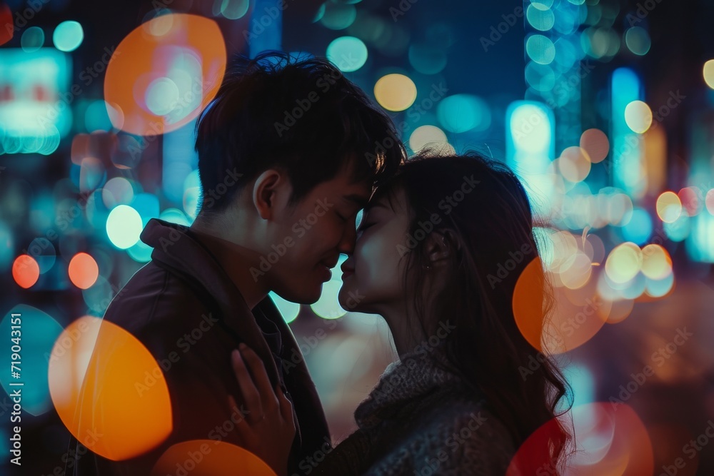 Under the soft glow of the moonlight, a woman's delicate lips meet the ...