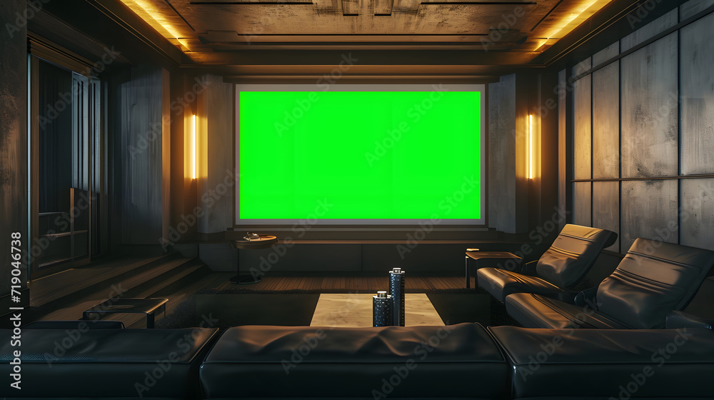 Mockup green screen,Home Theater Living Room Interior with TV and Empty ...