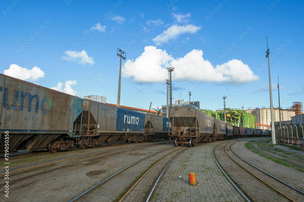 City of Santos, Brazil. Porto de Santos railroad. Freight trains of the ...
