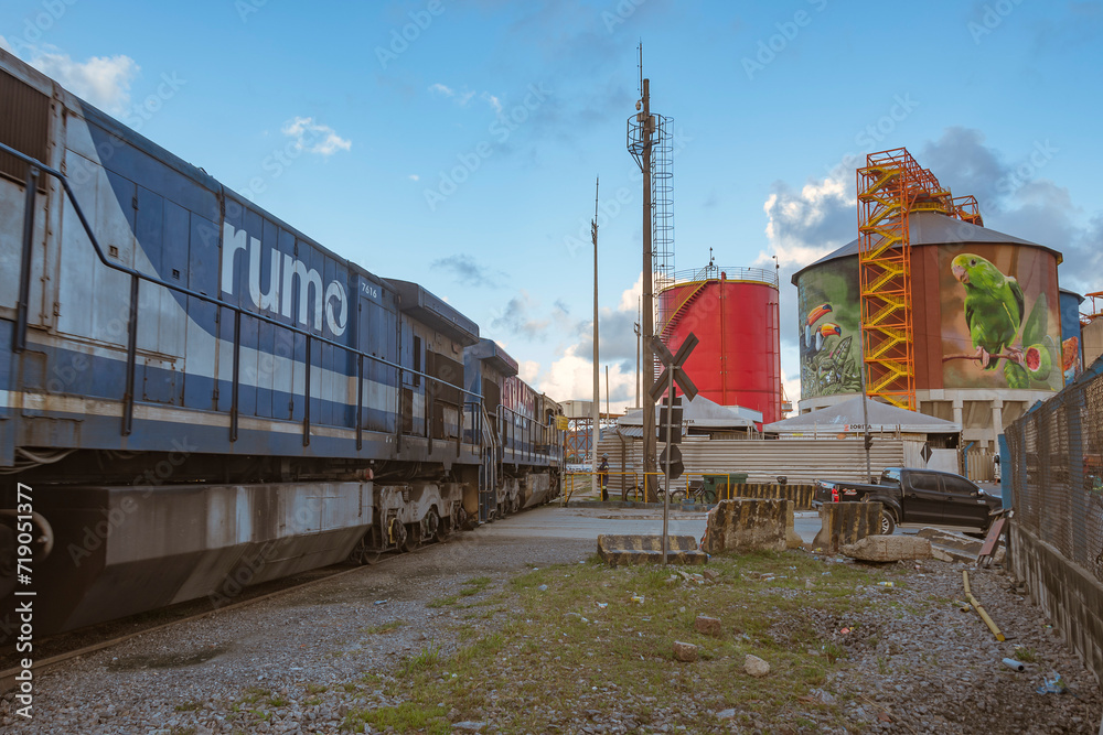 City of Santos, Brazil. Rumo Logística locomotive on the Porto de ...