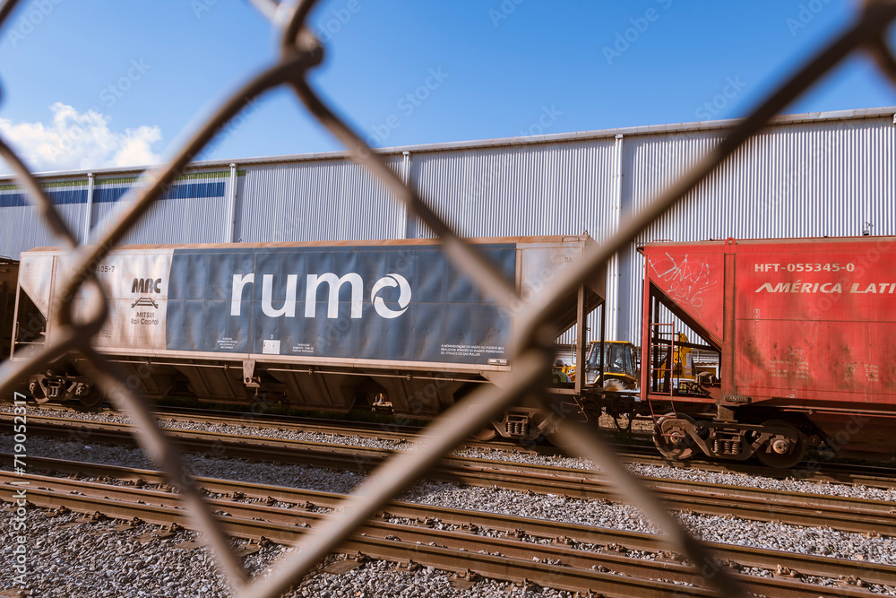 City of Santos, Brazil. Train cars from the company Rumo Logística seen ...
