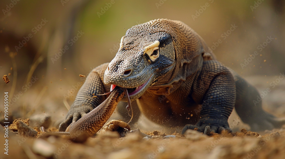 The Komodo dragon attacks its prey, a rare and dangerous animal, with ...