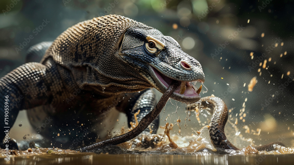 The Komodo dragon attacks its prey, a rare and dangerous animal, with ...