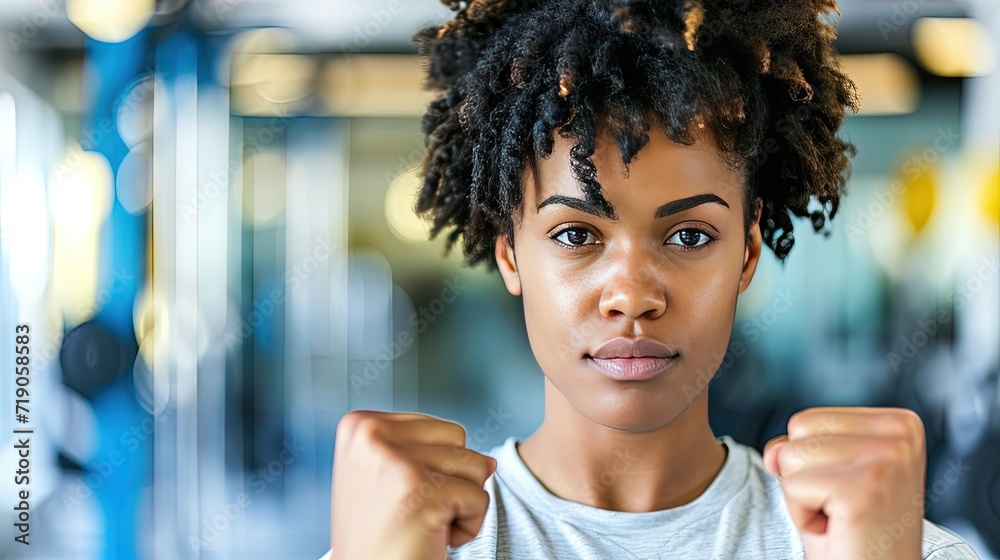 African American woman in boxing gym. Self defense concept. A snapshot ...