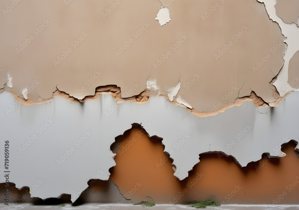 Missing patches of plaster and paint on the wall, exposing a cement ...