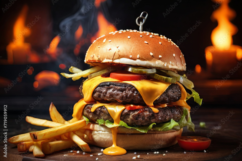 Sizzle and delight. Feast your eyes on a mouthwatering burger, crispy ...
