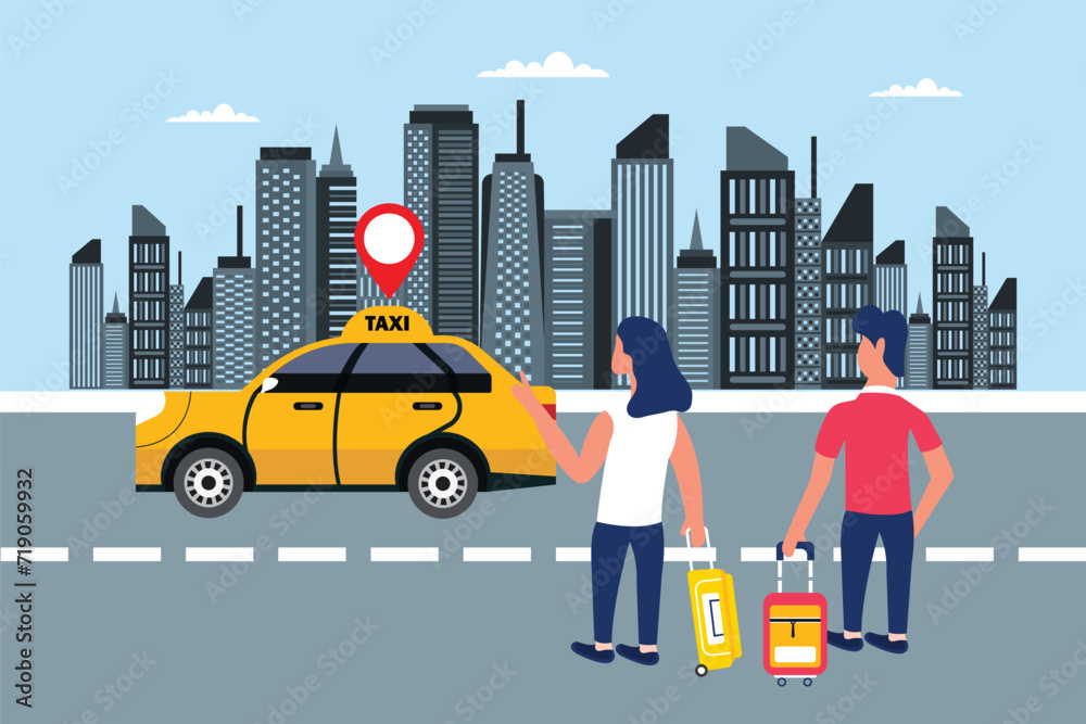 Taxi order or ride hailing app with location marker as two tourists ...