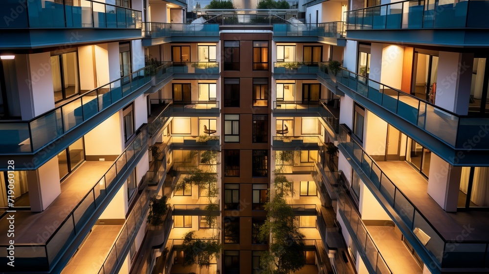 Evening view of the courtyard of a residential complex with illuminated ...