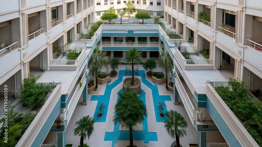 Inner courtyard of a modern high-rise office building with a green ...