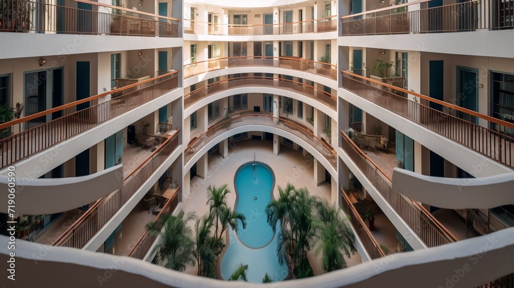Inner courtyard of a modern high-rise office building with a green ...