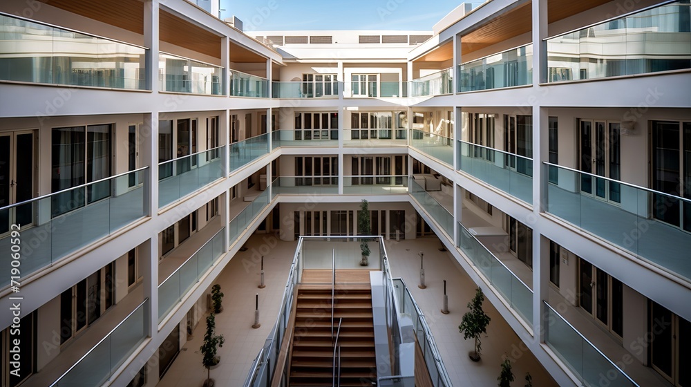 Inner courtyard of a modern high-rise office building with a green ...