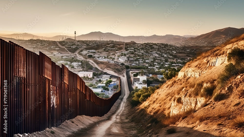 A border with a metal fence stretching across a desert landscape ...