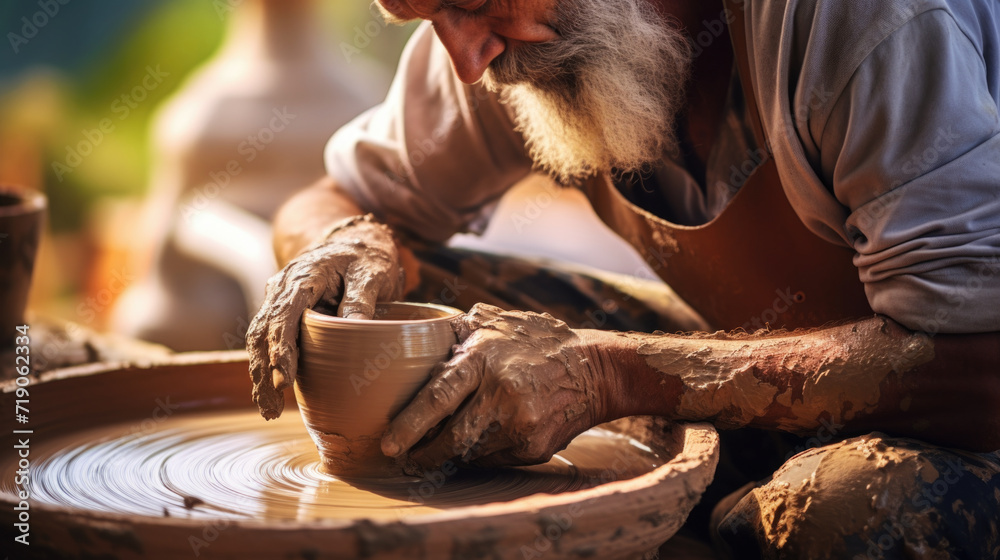Potter at work: throwing the potter's wheel and shaping ceramic vessel ...