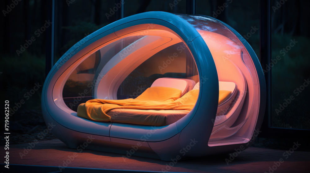 Futuristic capsule hotel unit with a cozy bed, set outdoors during ...