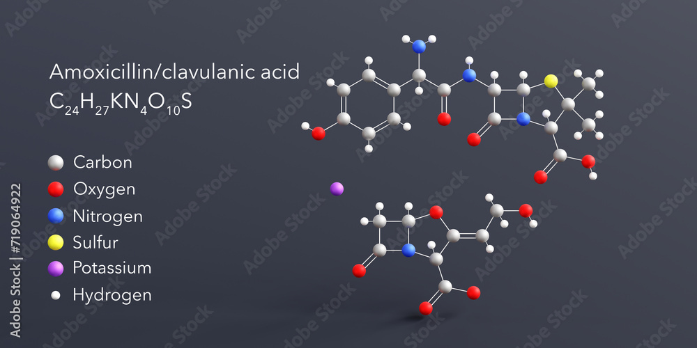 amoxicillin clavulanic acid molecule 3d rendering, flat molecular ...