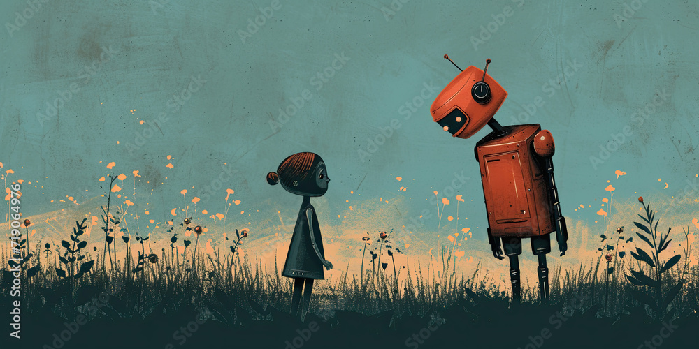 Child with best friend AI robot companion, friendship artificial ...