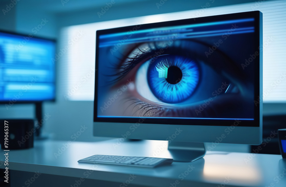 Computer Monitor with Blue Neon Eye on the Screen standing in the ...