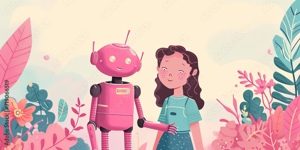 Child with best friend AI robot companion, friendship artificial ...