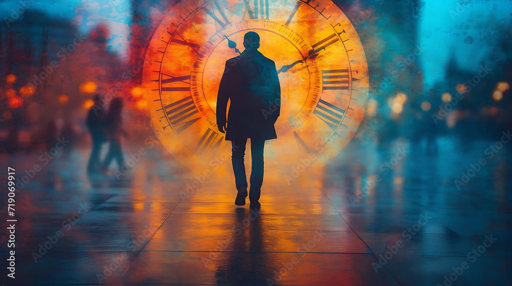Time traveler man walking to surrealistic clock, giant clock with a ...