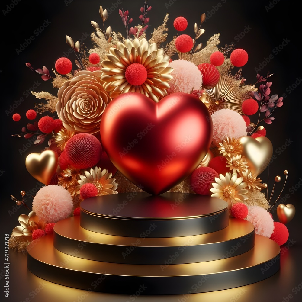 3D Red floral Valentine stage display with gold cylinder podium gift ...