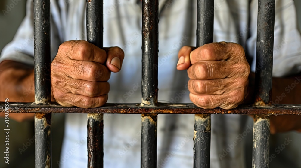 Male hands close-up. Prisoner behind bars. The iron bars stand as a ...