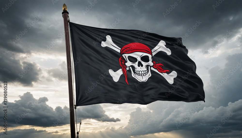 Dark pirate flag waving in the wind against a cloudy sky background ...