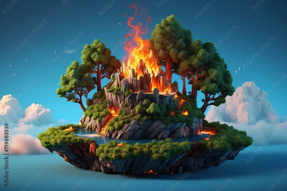 3d floating island on fire and trees Stock Illustration | Adobe Stock
