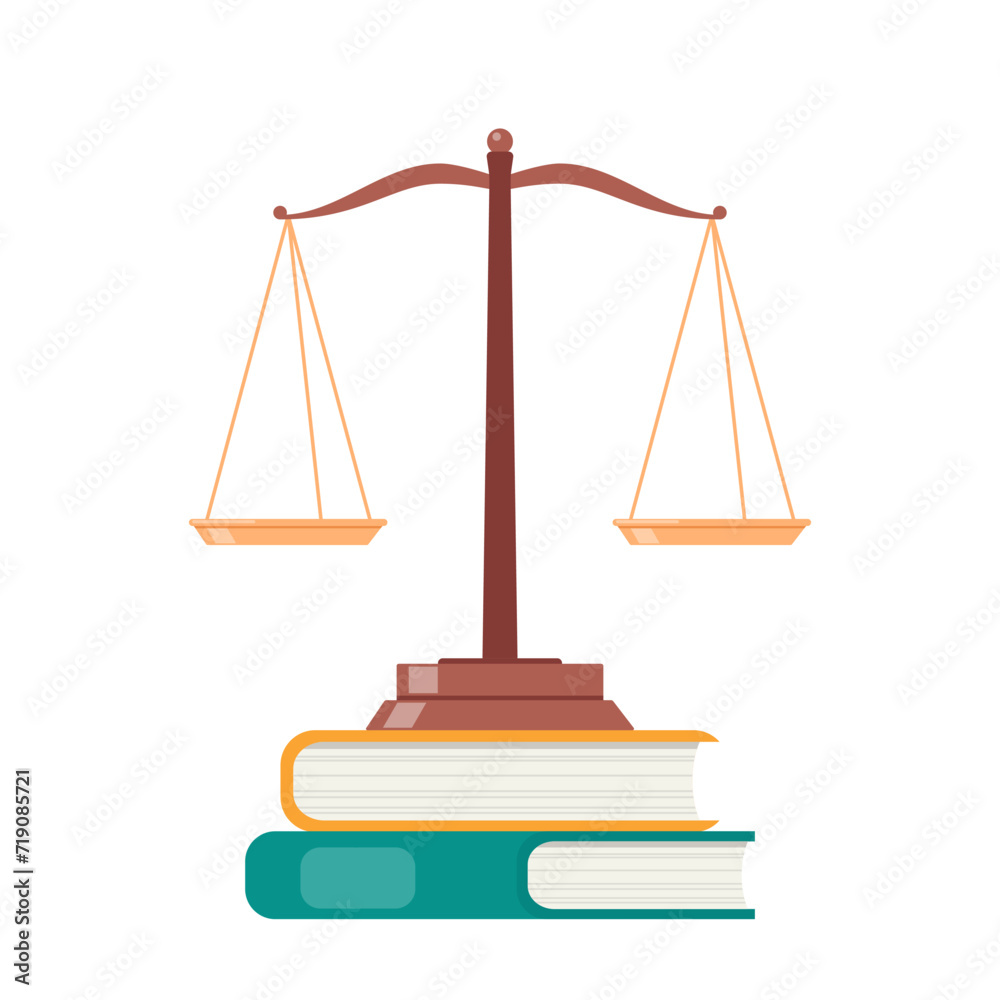 Scales on pile of books. Scales of law and justice for weight of legal ...