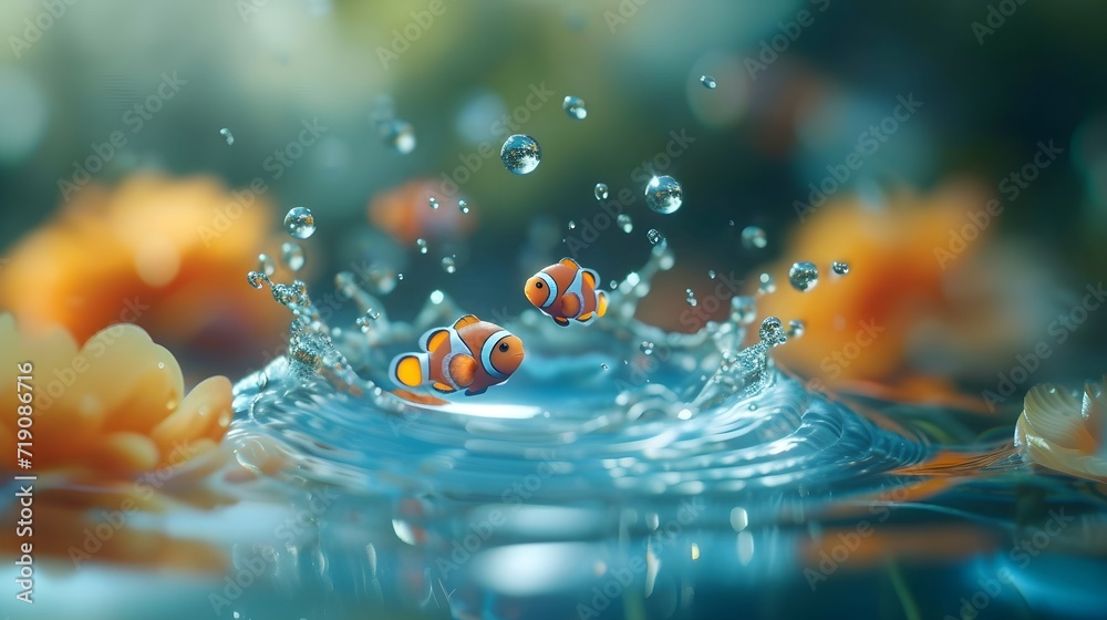 clown fish swimming inside a water drop of sea. sea creatures and water ...