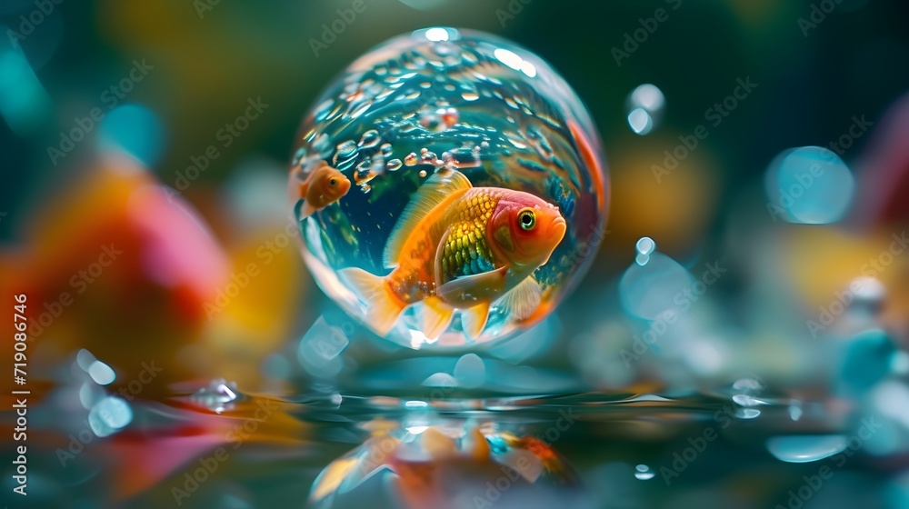 fish inside a water drop crystal ball. sea creatures and water, world ...