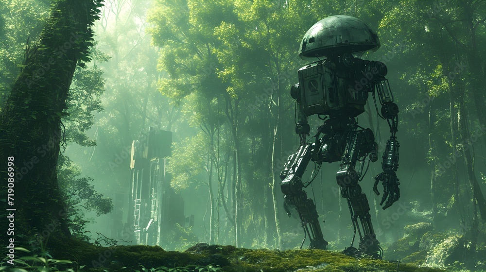 isolated robot at lush green forest. robotic technology and nature ...