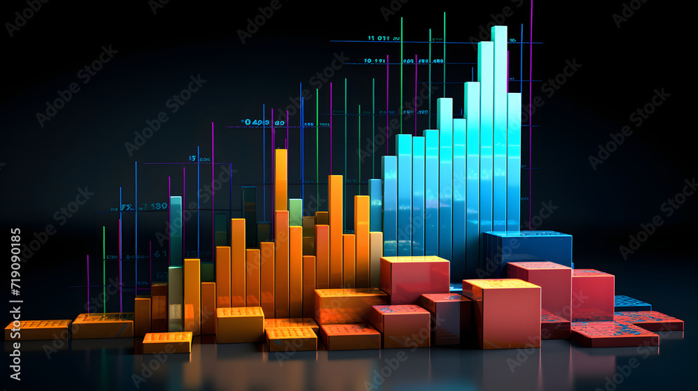 A stack of colorful bar charts and graphs representing various financial metrics and performance ...