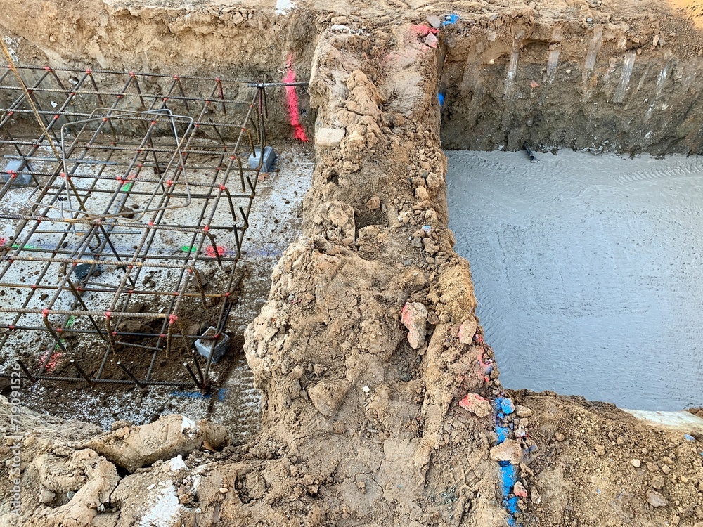 Isolated footings ready to pour concrete. Rebars and rods assembled ...