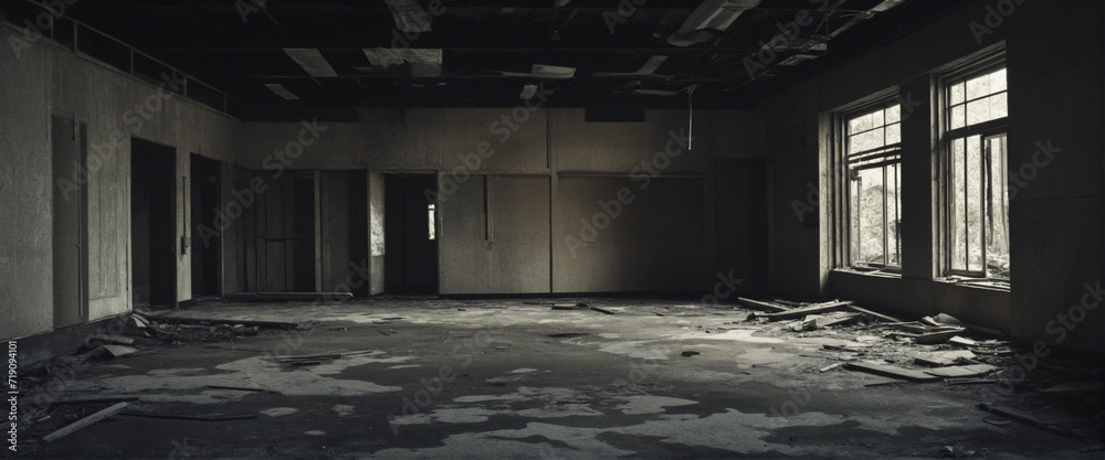Inside a dark and dim abandoned house or small building. Dark and dim ...