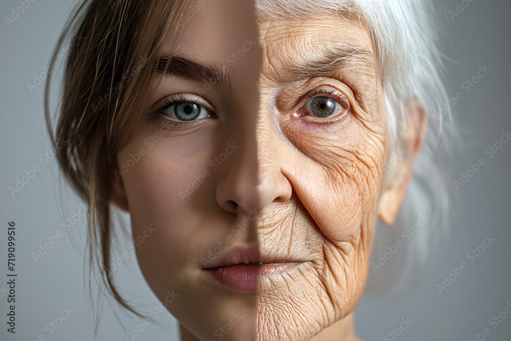 Comparison of young and aged female face, teenager and old woman. Aging ...