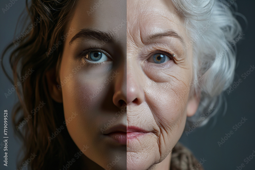 Comparison of young and aged female face, teenager and old woman. Aging ...