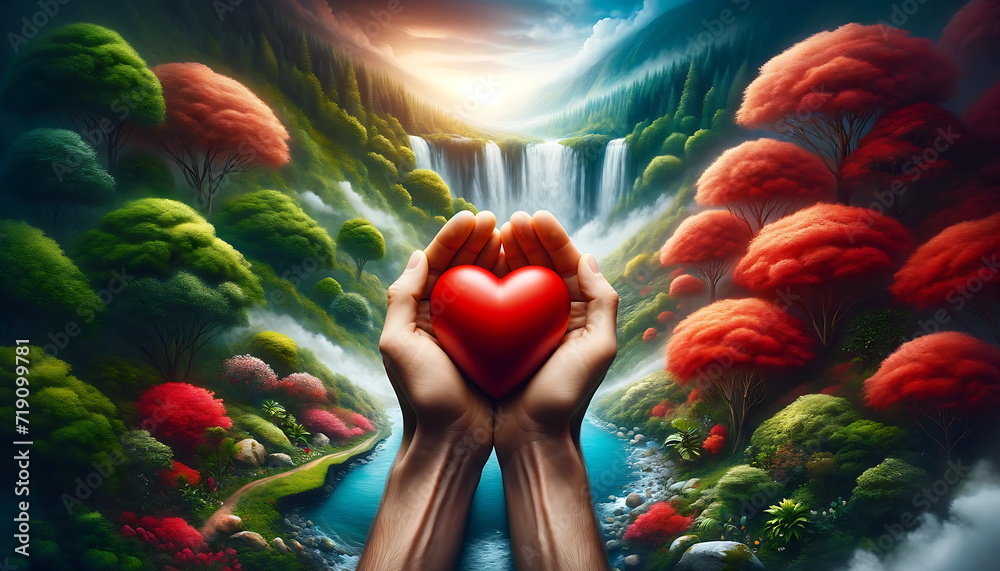 Digital illustration concept art of a hand hold heart with nature ...