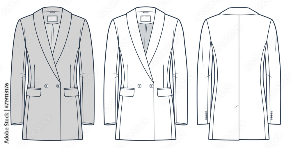 Shawl collar Blazer technical fashion illustration. Double Breasted ...