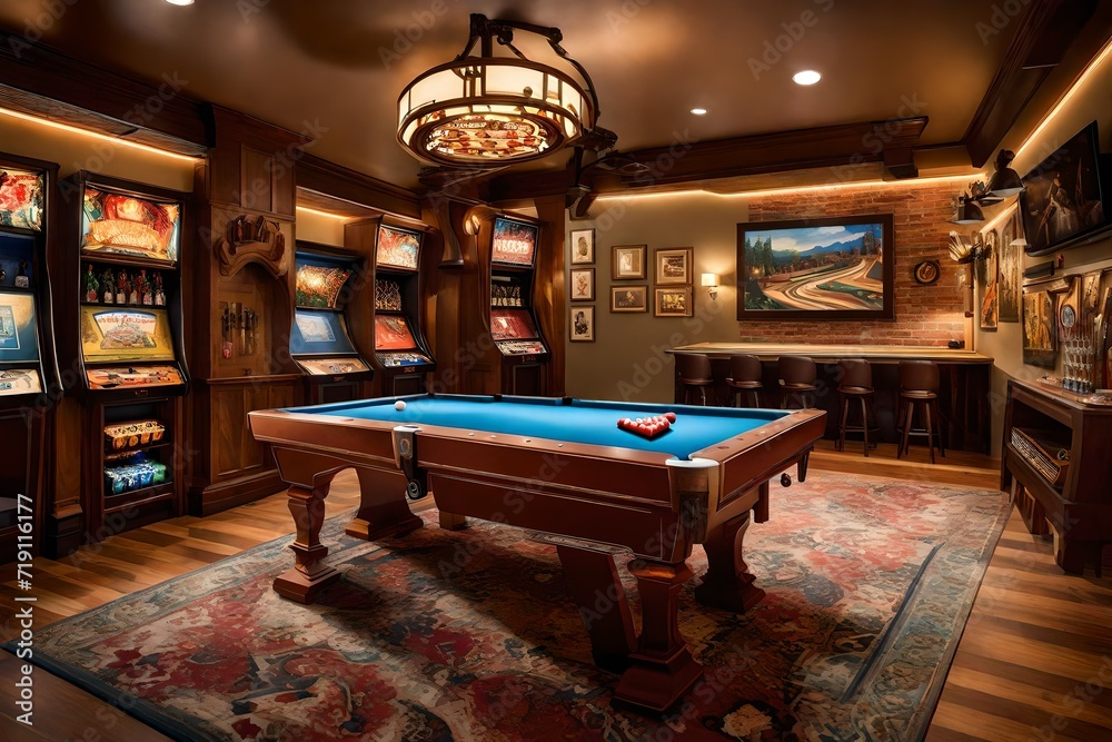 A luxurious game room with a billiard table, vintage arcade games, and ...