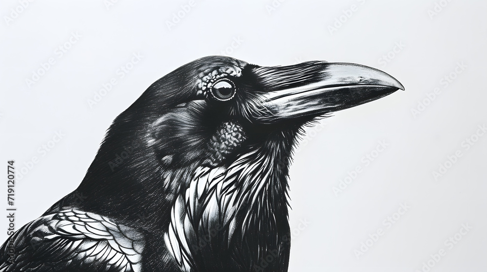 Close-up drawing of raven head isolated on a white background Stock ...