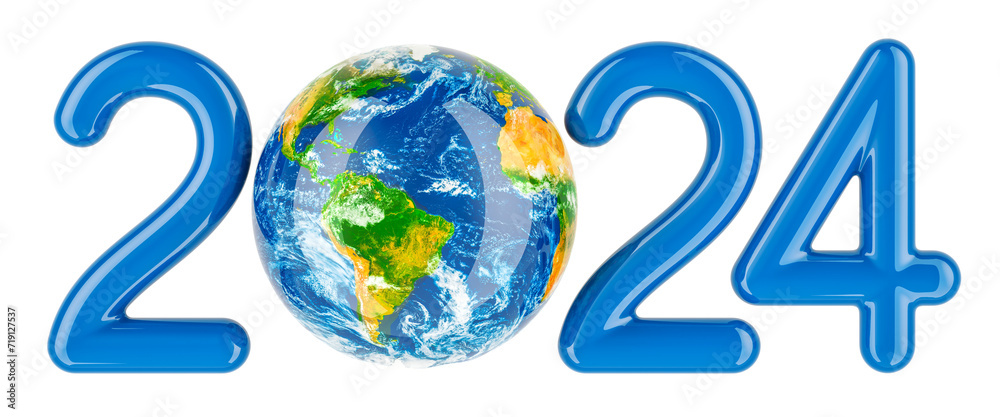 2024 with Earth Globe, 3D rendering isolated on transparent background ...