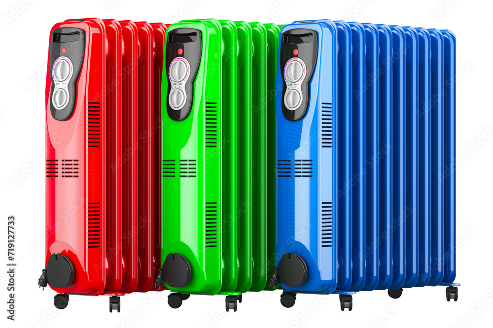 Set of colored electric oil heaters, oil-filled heaters, oil-filled ...