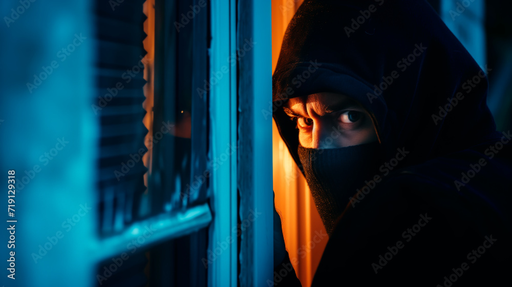 Burglar with covered face in action outside a window at night, crime ...