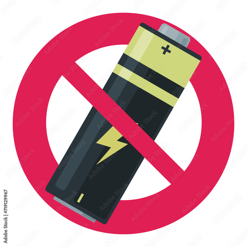 Red circular prohibition symbol with a crossed out battery in flat ...