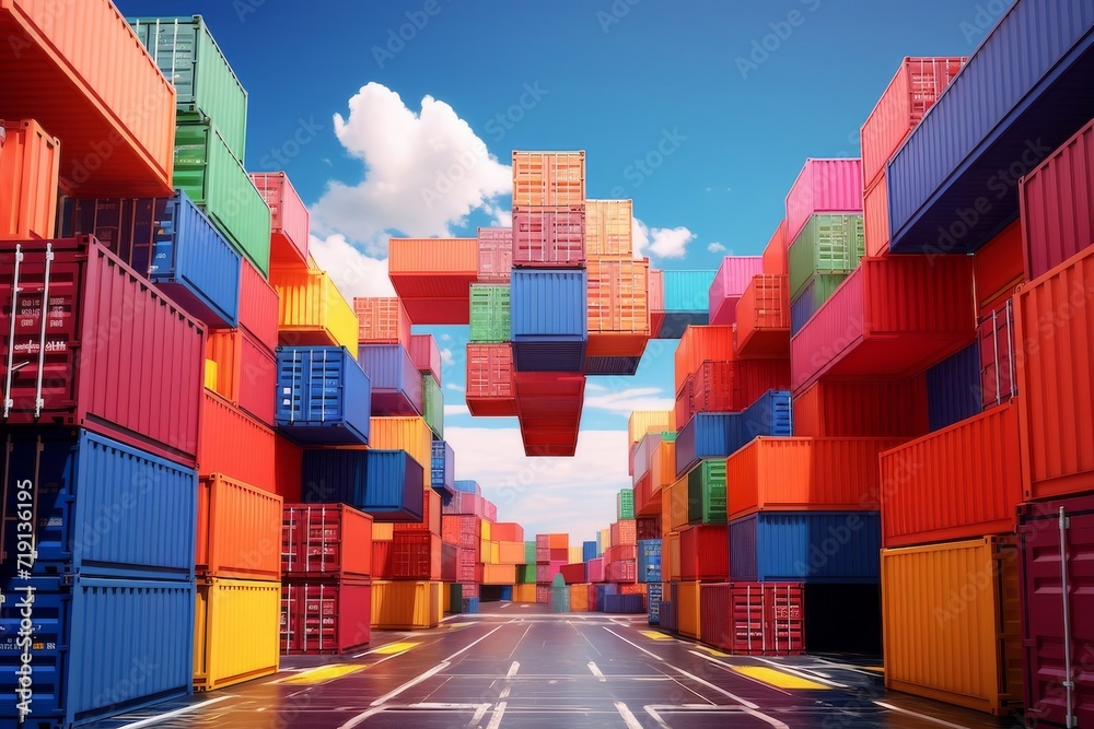 Stacked cargo containers create bustling scene in dynamic port ...
