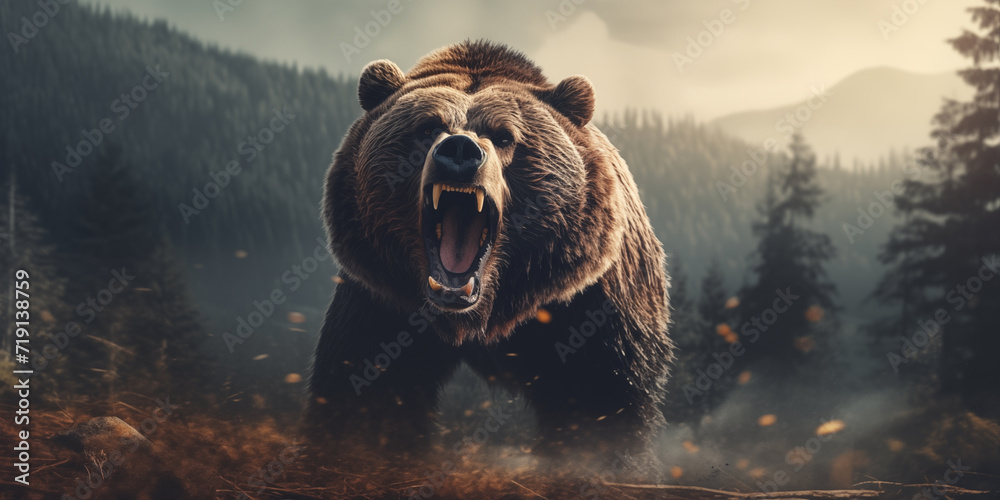 Cinematic Grizzly Bear attack banner. Aggressive Brown Bear roaring ...