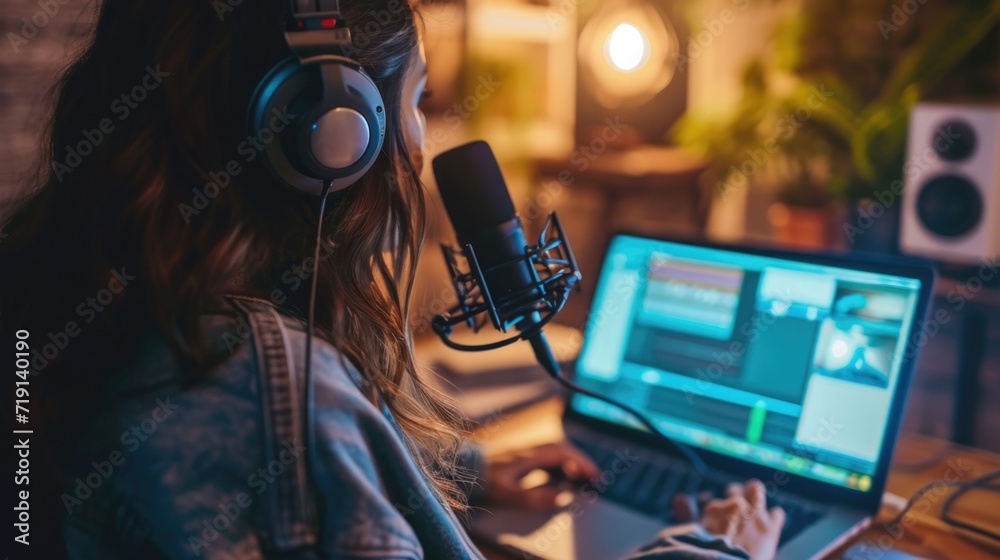 Back view of blogger recording a podcast on her laptop computer with headphones and a microscope ...