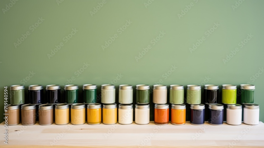 Tiny sample paint cans during house renovation, process of choosing ...